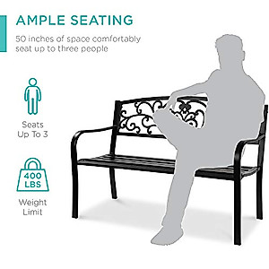 Best Choice Products Outdoor Bench Steel Garden Patio Porch Furniture for Lawn, Park, Deck w/Floral Design Backrest, Slatted Seat - Black