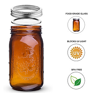 eleganttime Amber Glass Mason Jars 32 oz Wide Mouth with Airtight Lids and Bands 6 Pack Large Glass Canning Mason Jars Quart,Great for Canning Jar Pickle Fermenting Jam Jar