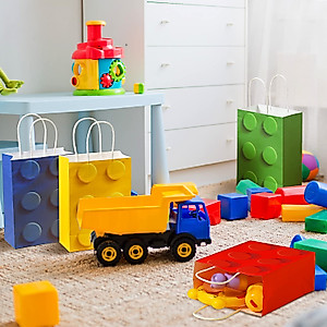 Sabary 24 Pieces Building Block Party Favor Gift Bags, Bricks Candy Treat Paper Bags, Gift Goodie Bags with Handle for Building Block Birthday Party Baby Shower Decoration Supplies