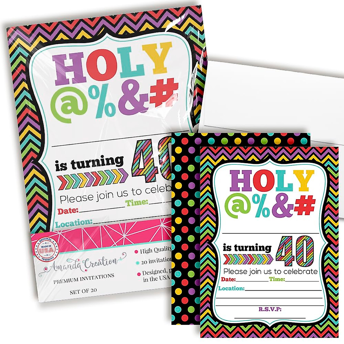 HOLY @% 40th Birthday Party Invitations, 20 Funny 5x7 Fill In Cards with Twenty White Envelopes for Milestone Birthdays by AmandaCreation