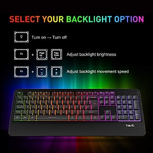 havit Wired LED Keyboard, Rainbow Backlit Computer Keyboard Ergonomic LED Gaming Keyboards Wrist Rest 104 Keys for Office PC Desktop Laptop Game Black