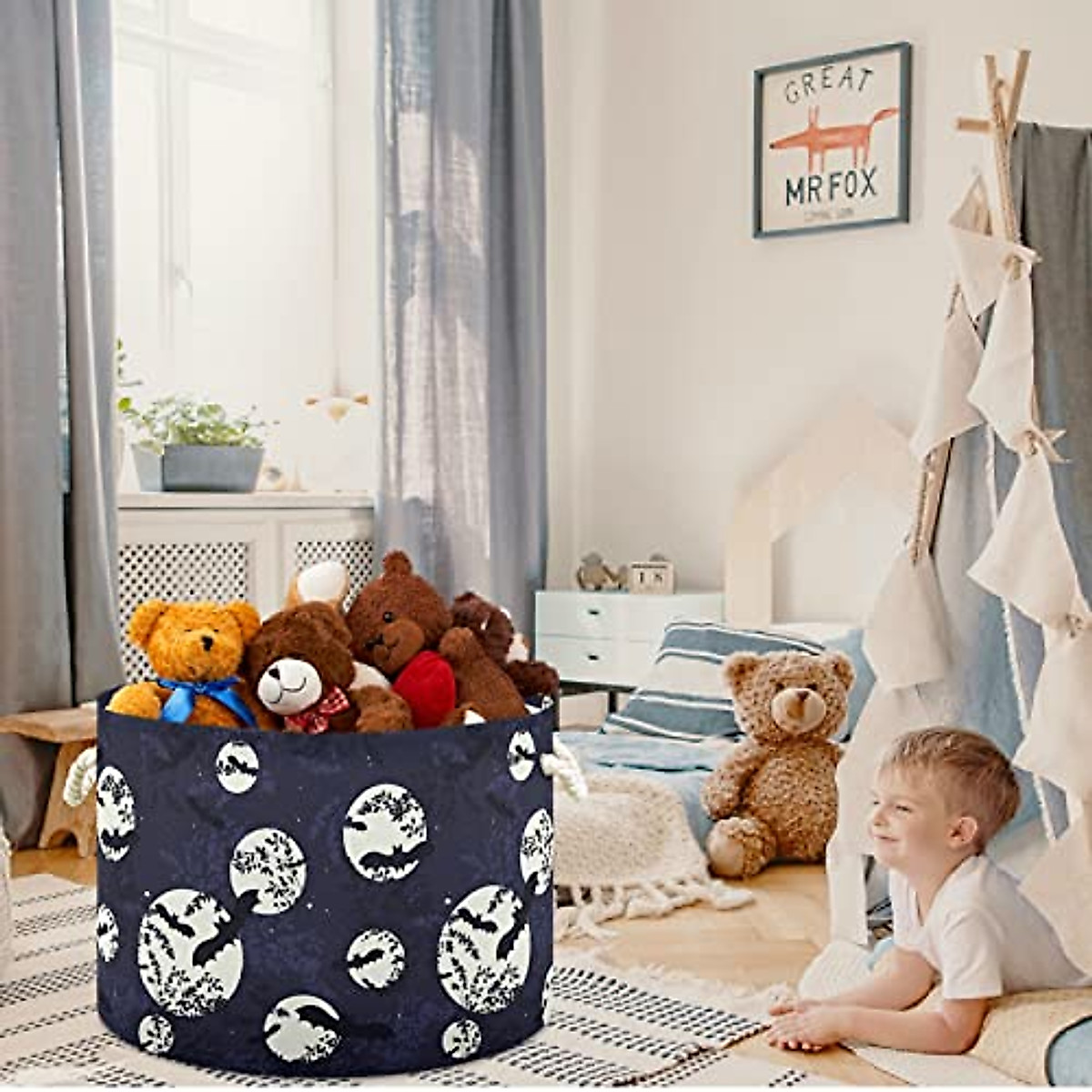 visesunny Halloween with Moon Night Sky Bat Laundry Baskets Fabric Storage Bin Storage Box Collapsible Storage Basket Toy Clothes Shelves Basket for Bathroom,Bedroom,Nursery,Closet,Office