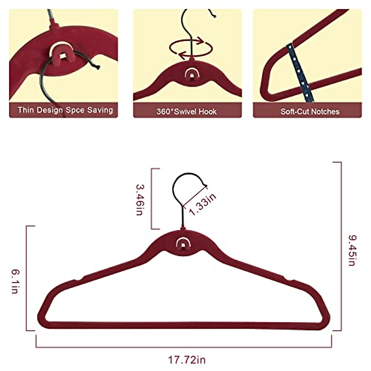 ATZJOY Velvet Hangers, Non Slip 360 Degree Swivel Hook Strong and Durable Clothes Hangers for Coats, Suit, Shirt, Pants & Dress Clothes(50 Pack Burgundy)