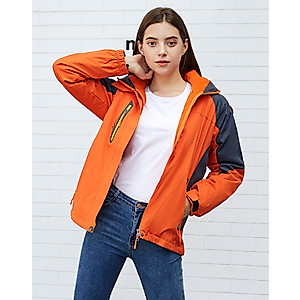 Amxiway Women's Mountain Waterproof Windproof Fleece 3 in 1 Jacket Ski Hooded Rain Coat(Orange,L)