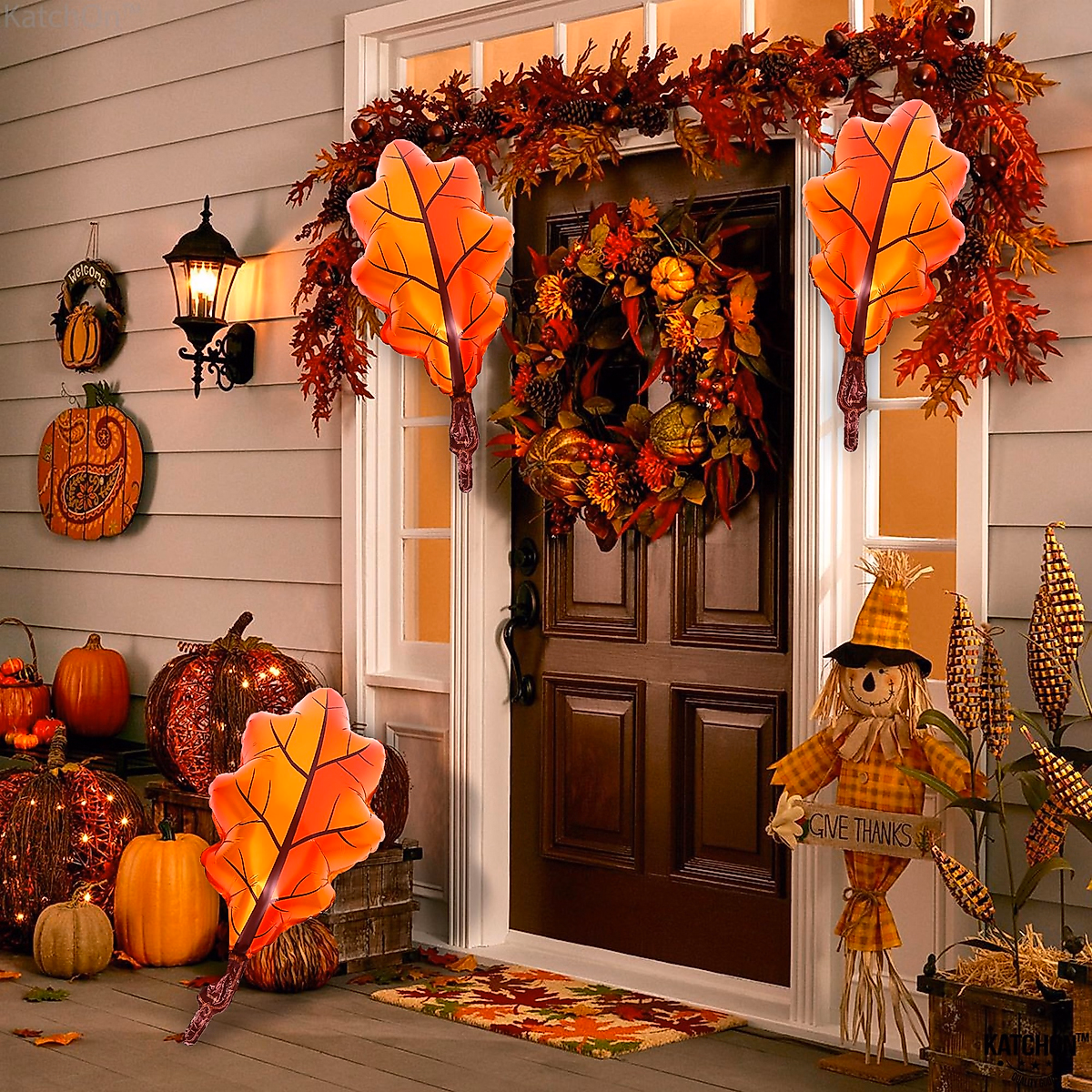 KatchOn, Happy Thanksgiving Balloons - Large 27 Inch, Pack of 6 | Maple Leaf Balloons - Big, 27 Inch | Thanksgiving Balloon Garland Kit, Fall Balloons | Fall Leaves Balloons | Turkey Balloons