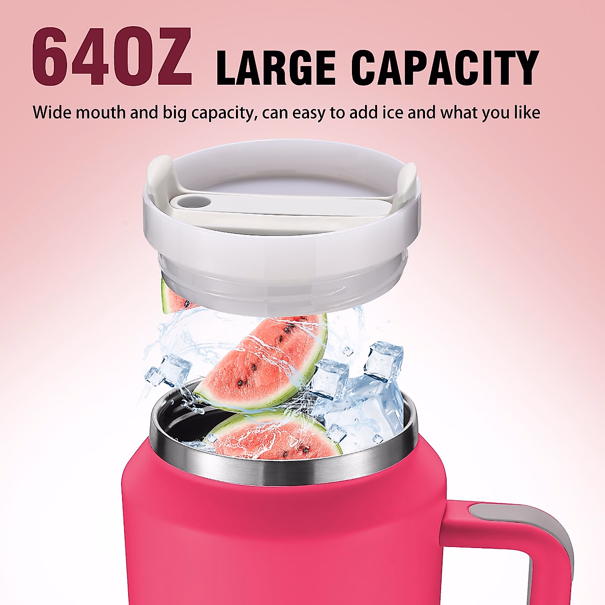 PlanetFlame 64oz Insulated Tumbler with Handle, Stainless Steel Double Wall Vacuumn Water Bottle, Lid and Straw for School, Gym, Hiking & Camping, Hot Pink