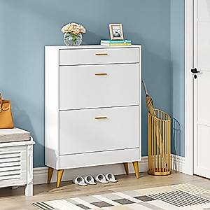 Tribesigns Shoe Cabinet, White Slim Shoe Storage Cabinet for Entryway, Modern 16 Pair Thin Shoe Rack Organizer with 2 Flip Drawers