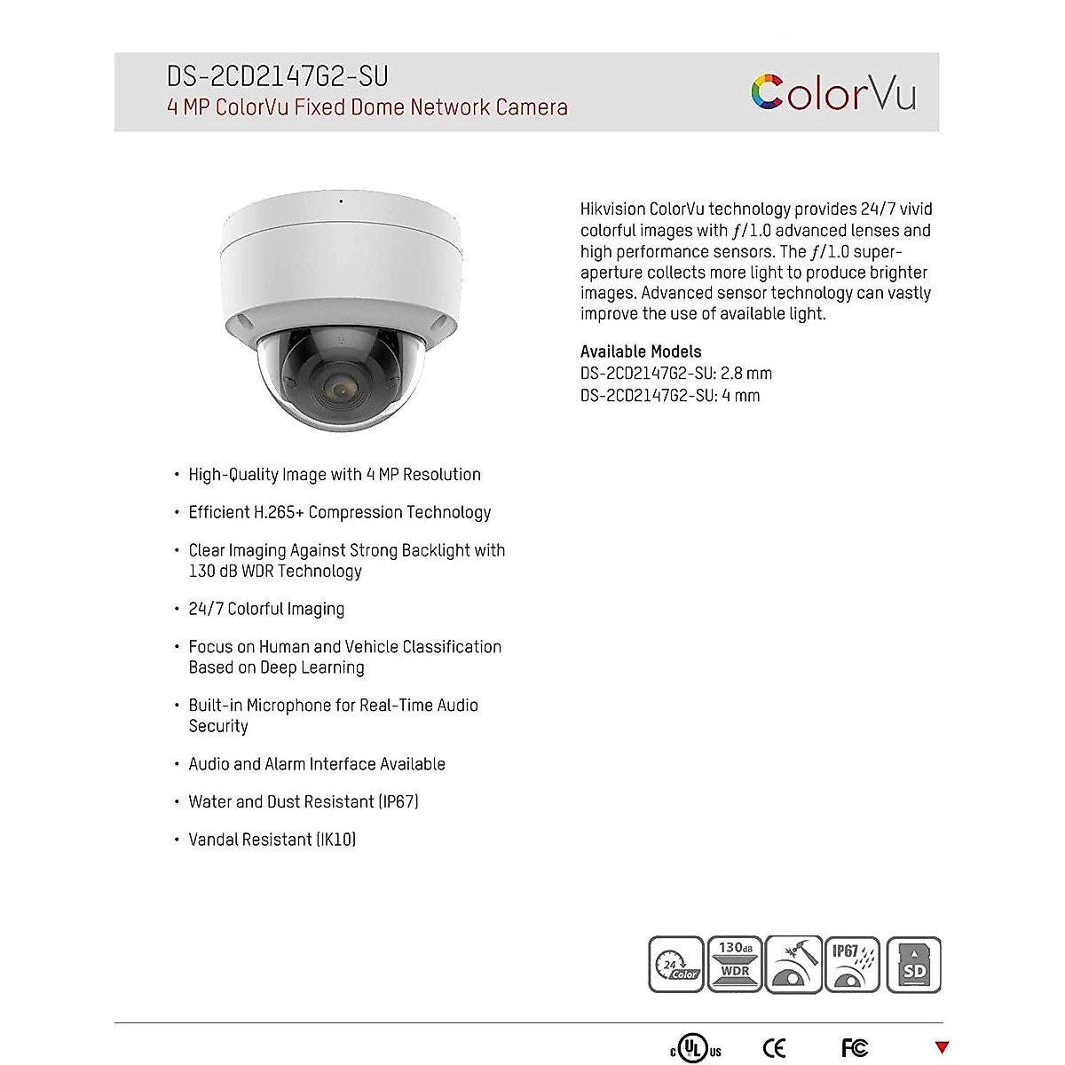 Ⲏіkvіsіon DS-2CD2147G2-LSU Acusense 4MP IP 247 Full Color Night Vision, 2.8mm PoE Dome Camera Outdoor IP67 IK10 H.265+ Built in Mic Compatible with Hikvision IP Camera NVR System