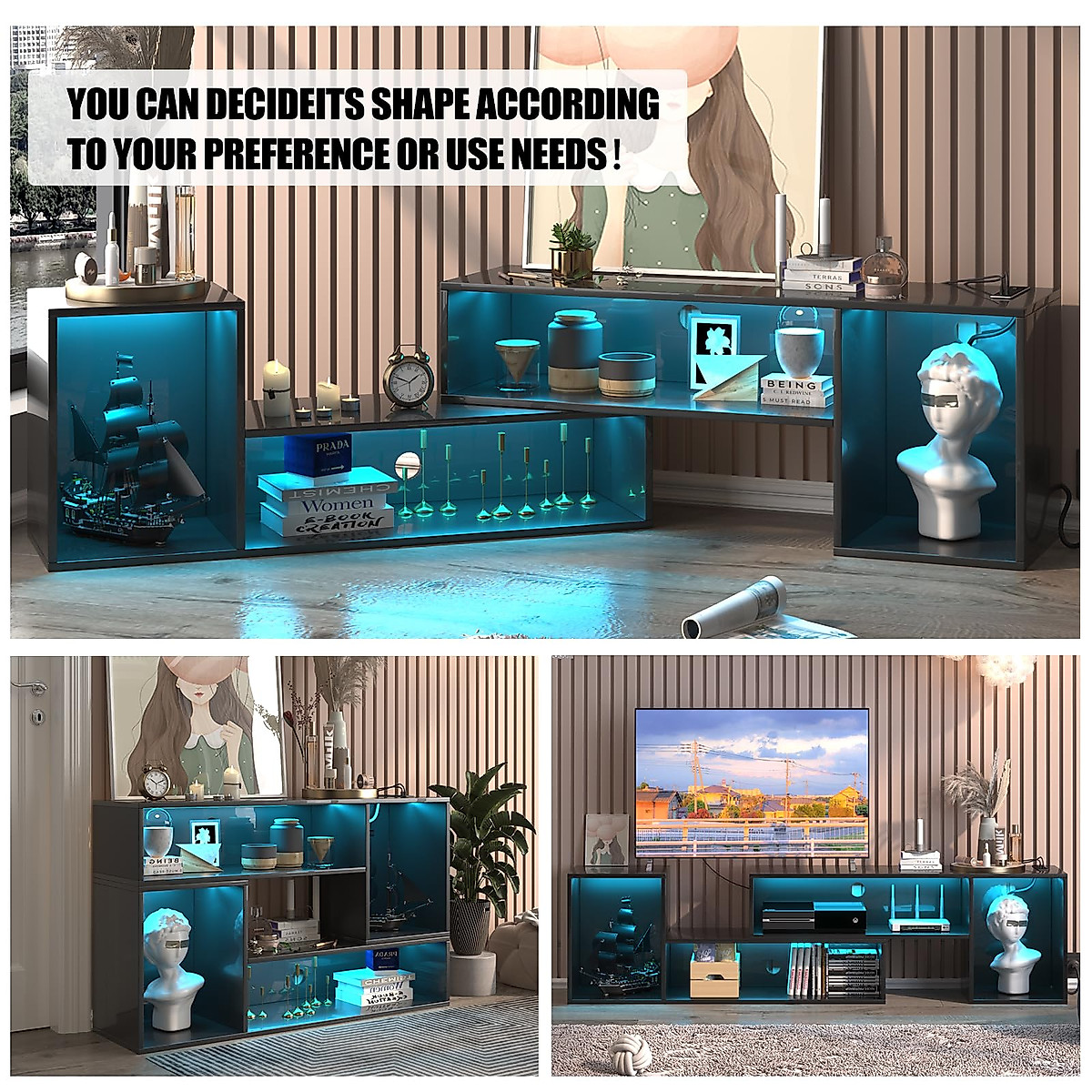 ANTISTA TV Stand, Deformable TV Stand with LED Light & Power Outlets, Modern Entertainment Center with Storage Shelves for 55/60/65/70 inch TV, 2 PCS Gaming Media Console for Bedroom, Black