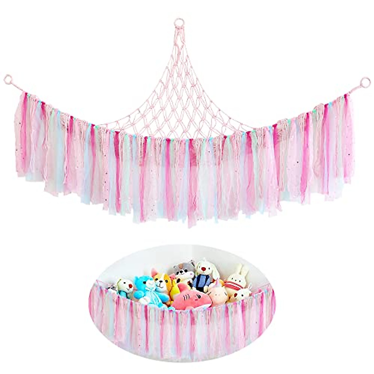 Pink Stuffed Animal Net Hammock, Toy Hammock Hanging Stuffed for Animal Storage with Tassels for for Flat Wall,Nursery Play Room, Kids Girl Bedroom Decor