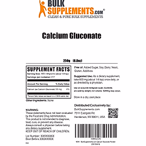 BulkSupplements.com Calcium Gluconate Powder - Calcium Supplement - Calcium Powder - Calcium Bone Supplement - Gluconate Calcium - Calcium Without Vitamin D (250 Grams - 8.8 oz)