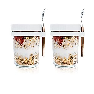 SMARCH Overnight Oats Jars with Lid and Spoon Set of 2, 16 oz Large Capacity Airtight Oatmeal Container with Measurement Marks, Mason Jars with Lid for Cereal On The Go Container (white)