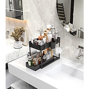 Mastom Under Sink Organizer, 2 Tier Sliding Cabinet Organizer Drawer, Adjustable Height Pull Out Cabinet Organizer with Hooks, Hanging Cup, Dividers, Under Sink Storage for Kitchen Bathroom, Black