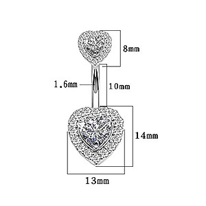 14G Double Heart Diamond Cubic Zirconia Navel Belly Button Ring Surgical Steel Piercing Jewelry (Steel)