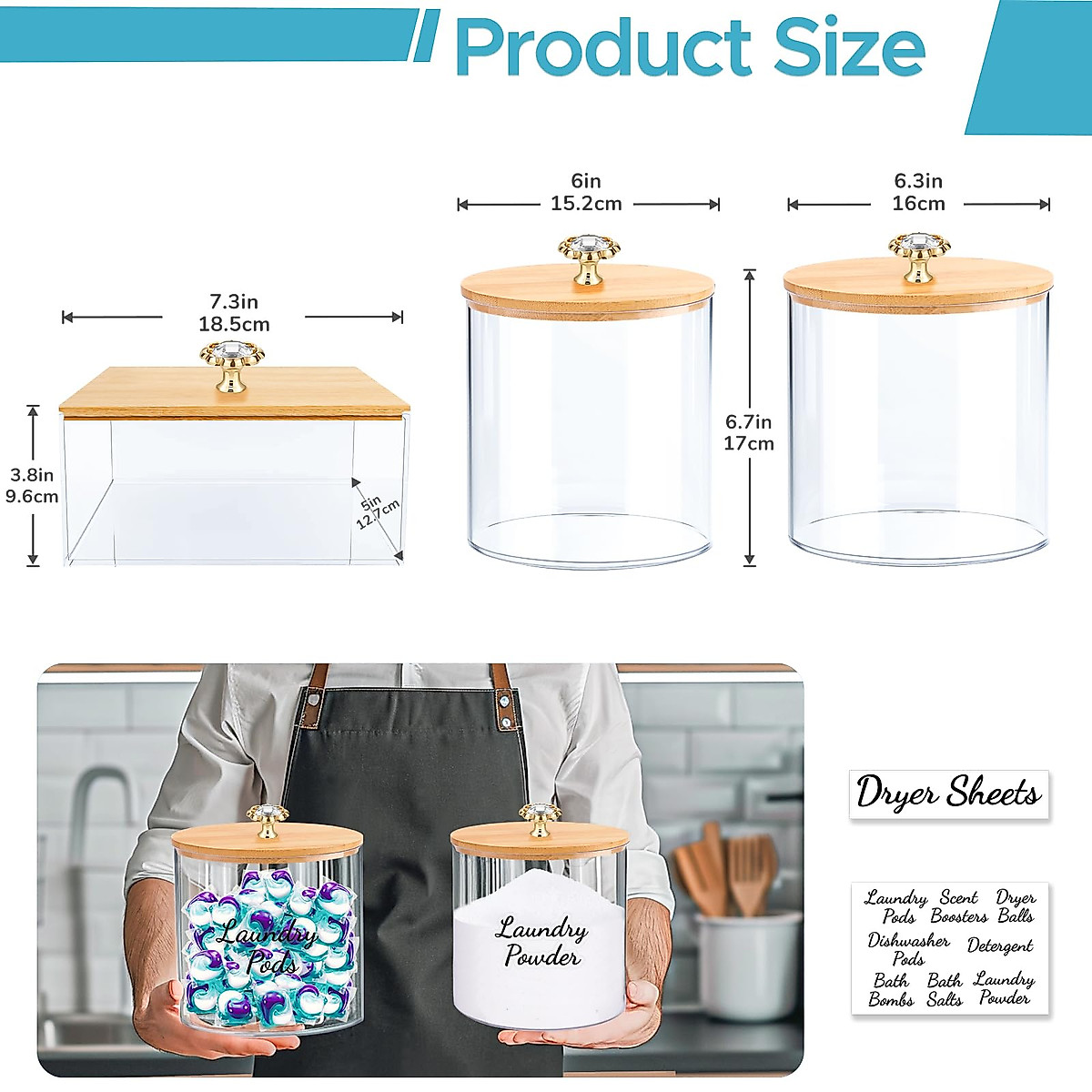 JYPS 3 Pack Containers for Laundry Room Organization and Storage with Lids and Labels, Acrylic Dryer Sheet Holder & Plastic Laundry Pods Container for Laundry Detergent, Powder, Scent Booster