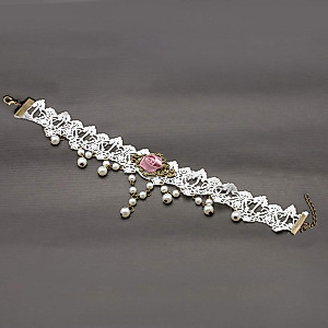 Eigso 2 Pcs White Lace Choker Bracelet Set for Women Vintage Punk Goth Necklace with Pink Rose Ring