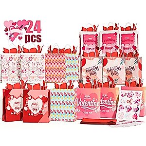 72PCS Valentines Day Gift Bags Bulk with 24 Bags 9”x7''x3.5'' 24 Tissue Paper&24 Stickers for Kids Adults Holiday Goody Candy Chocolate Bakery Treat Bag for Gift Giving,Classrooms Gift Exchange,Party Favor