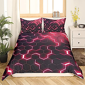 Feelyou 3D Honeycomb Duvet Cover Twin Size Geometry Hexagon Comforter Cover Glitter Print Bedding Set Red Bedspread Cover for Kids Boys Girls Adults 2Pcs