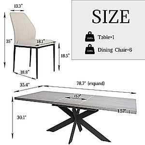 Expandable Dining Table Set for 6-8 Seat, Rectangular Modern Kitchen Thicker Top, 6 Faux Leather Dining Chairs and Non-Slip Pad, Extendable 63'' to 79'' with Extension Leaf for Kitchen Restaurant