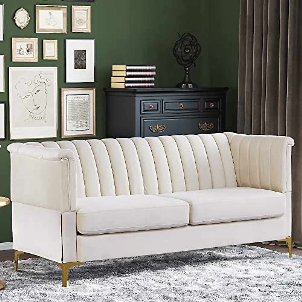 WIN FORCE 70" Beige White Velvet Loveseat Sofa Couch for Living Room, Cream Mid Century Modern loveseats for Small Space, 3 Seater Upholstered Small Sofa Love Seats Furniture for Bedroom, Apartment