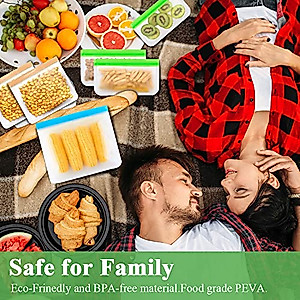 Reusable Food Storage Bags, ZIKO PEVA Reusable Freezer Bags Food Grade Material snack bags sandwich bags Easy Seal Leakproof Reusable Ziplock bags for Marinate Food Fruits Meal Prep Travel Item