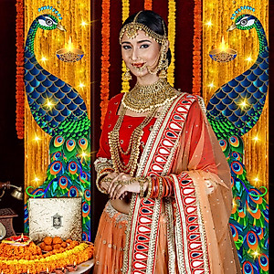 Riceshoot 10 Pcs Diwali Porch Banner Set, 2 Pcs 71 Inches Peacock Front Porch Welcome Sign 6 Pcs 5 ft Orange and Yellow Marigold Garland for Decoration and 2 Pcs 6.5 ft LED Lights for Indian Wedding