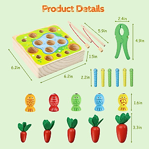Celarlo Wooden Magnetic Fishing Game, Carrot Harvest Catching Worm Toy, Toddler Fine Motor Skills Toys, Montessori Preschool Learning 3 in 1 Fishing Sorting Toys Gift for Children Kids (Fishing Game)