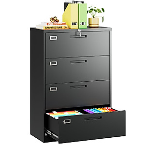 MIIIKO 4 Drawer Lateral File Cabinet with Lock, White Lateral Filing Cabinet, Large Deep Drawers Locked by Keys, Metal Storage File Cabinet for Hanging Files Letter/Legal/F4/A4 Size
