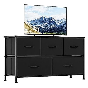 JUMMICO Fabric Dresser for Bedroom, Tall Wide Dresser with 5 Drawers, Storage Tower with Fabric Bins, Dresser Fabric Box Steel Frame, Wood Top Drawer Chest TV Stand for Closet, Living Room (Black)