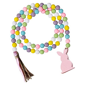 Easter Wood Bead Garland, Table Prayer Beaded with Rustic Tassel, Easter Wood Bead Tassel Garland Hanging Ornaments Decor for Rustic Easter Partyvase Wall Display (A02)
