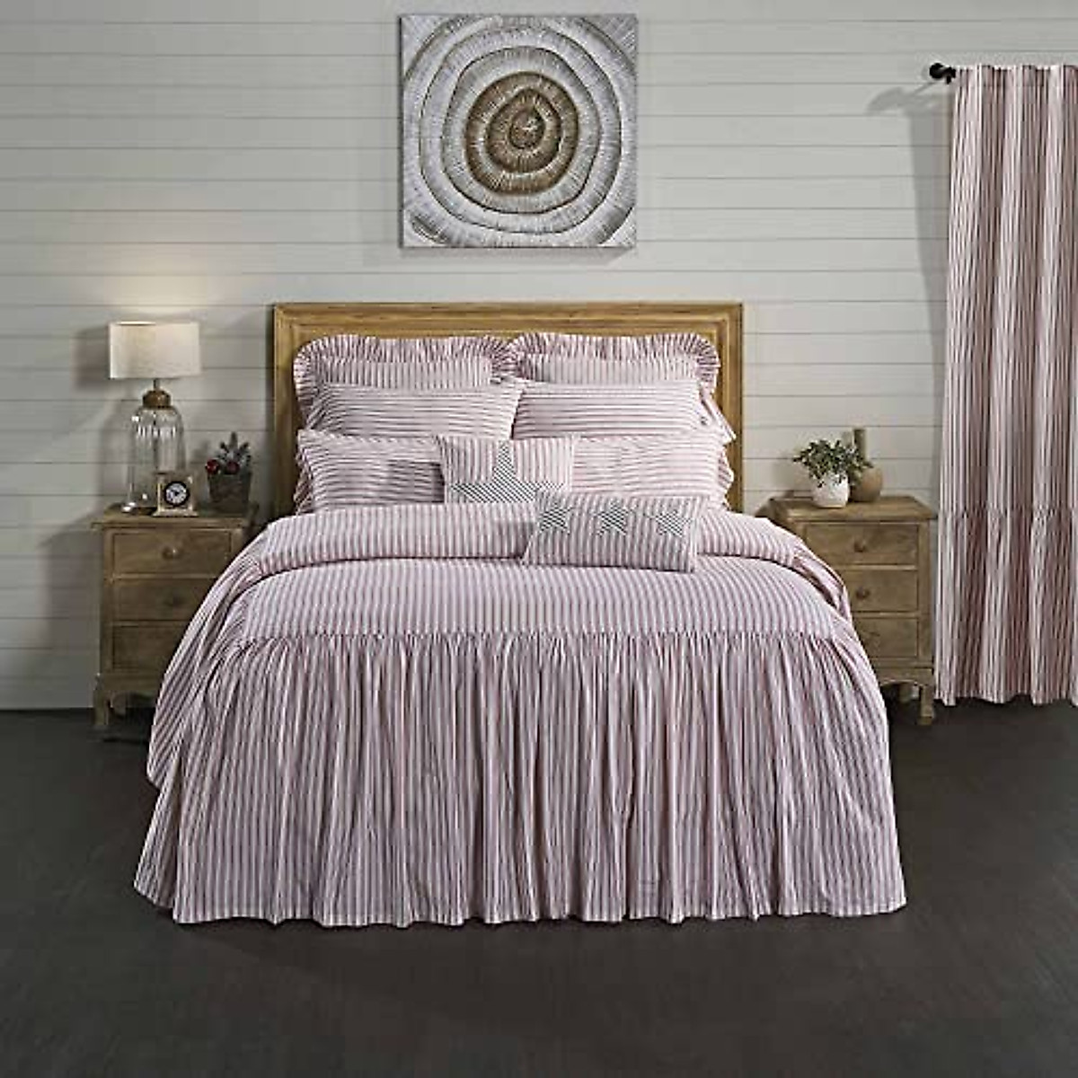 Piper Classics Timeless Ticking Red Ruffled California King Bedspread, High Skirt on 3 Sides, Vintage Farmhouse Bedding, Christmas