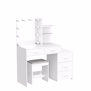 usikey 43.5in Large Vanity Desk with Mirror and 10 LED Lights, Makeup Vanity Table with Lights and 5 Drawers, White Vanity Table Vanity Set with Storage Shelves and Stool for Women Girls, White