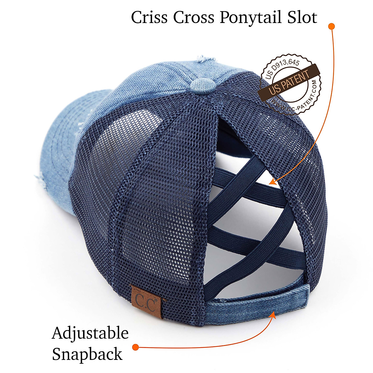 C.C Exclusives Washed Distressed Cotton Denim Criss-Cross Ponytail Hat Baseball Cap Bundle Hair Tie (BT-780)(BT-791) (A Elastic Band-Denim/Navy)