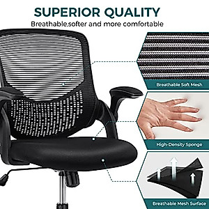 SMUG Home Office Mesh Desk Ergonomic Computer Flip Up Armrests Mid Back Lumbar Support Adjustable Swivel Task Chair, Black, 19D x 20W x 36H