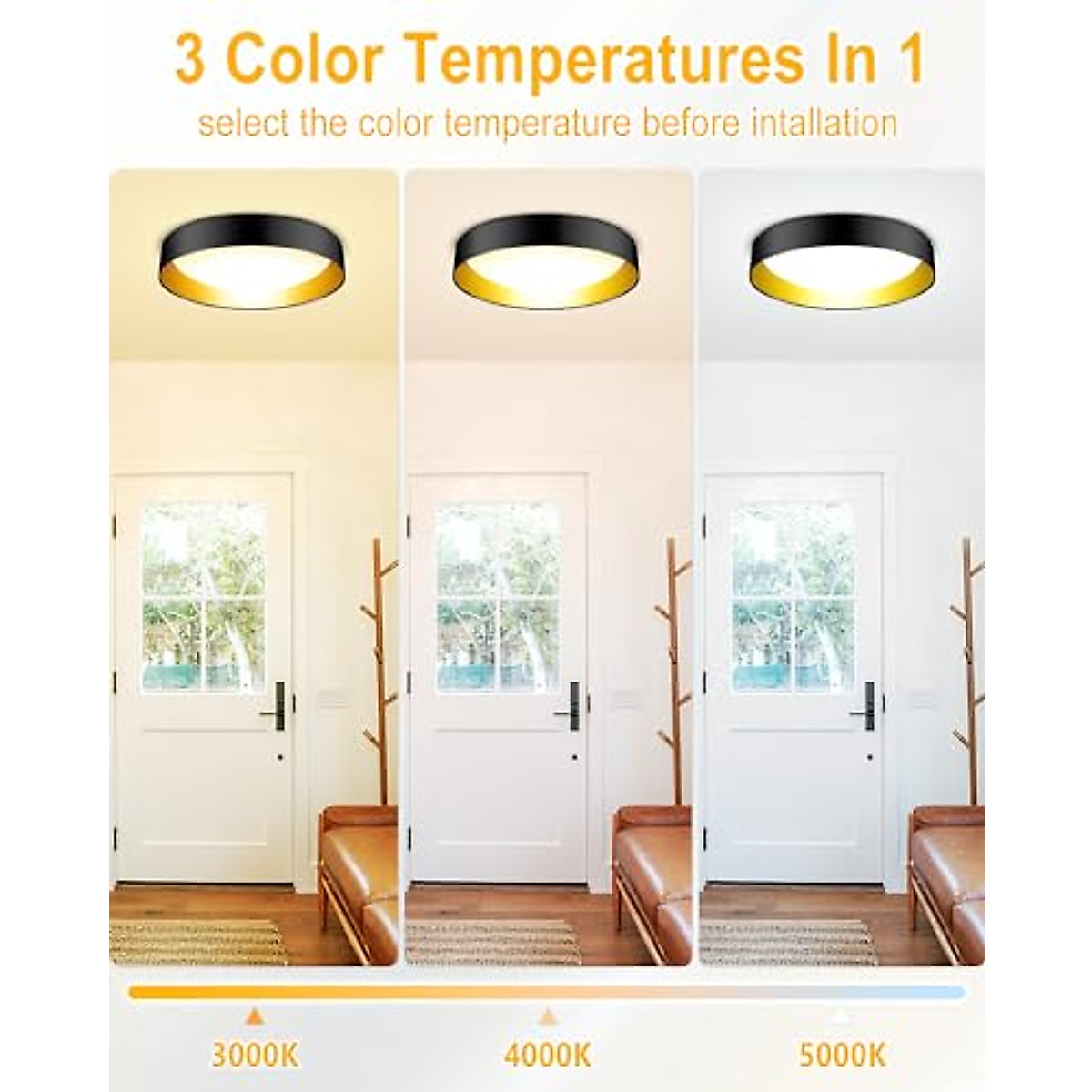 Flush Mount Ceiling Light Fixtures - 2Pack LED Ceiling Light Fixture 30W[375W Equiv] 3000LM Dimmable Bedroom Ceiling Lights, 3000K/4000K/5000K Black Ceiling Light for Bedroom Kitchen Hallway Closet