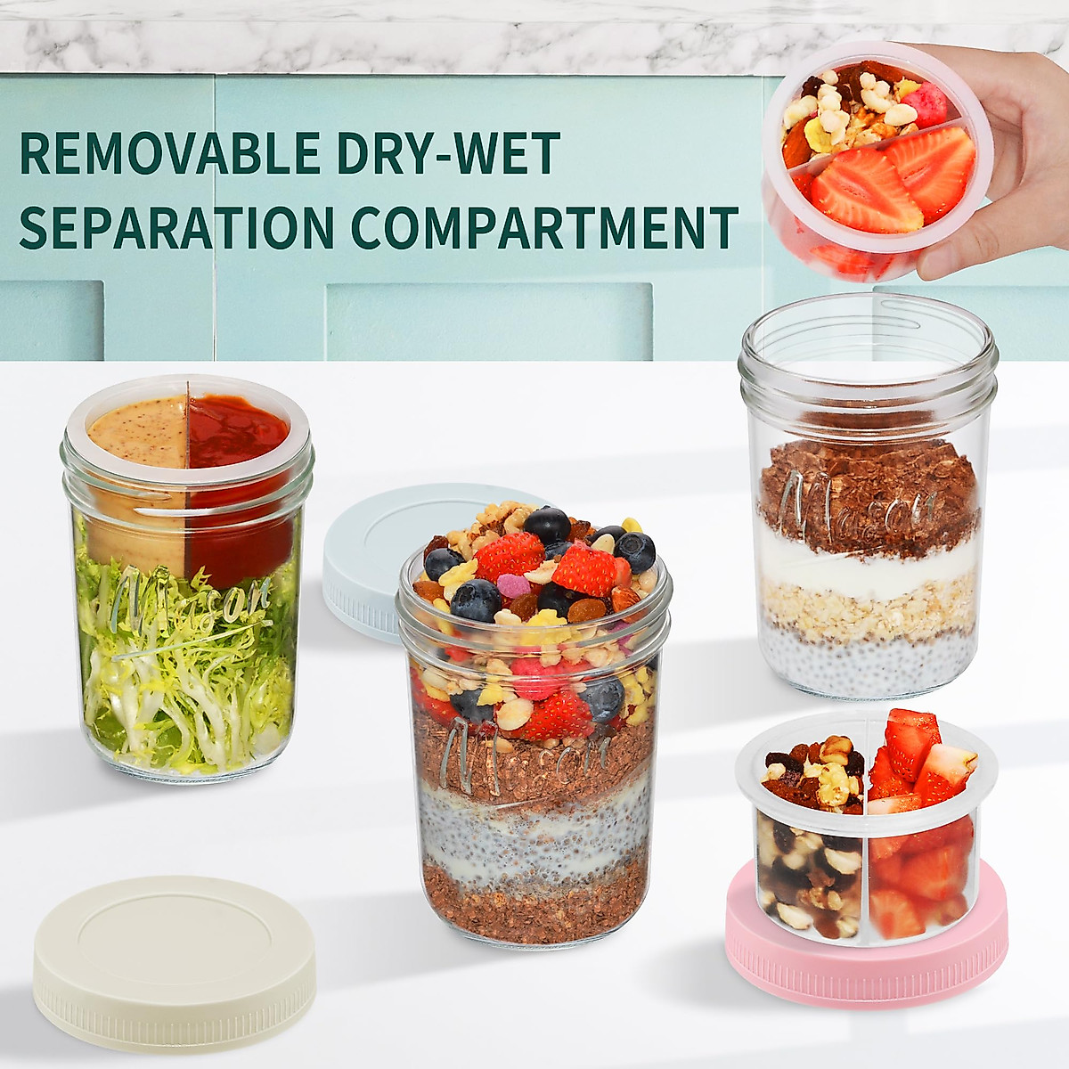 Xyptorix 16 oz Overnight Oats Containers with Lids, 4-Pack Leak-Proof Wide Mouth Mason Jars & Separate Compartments for Fruits/Nuts, Airtight Glass Jars for Chia Pudding, Yogurt, Parfait and Salad