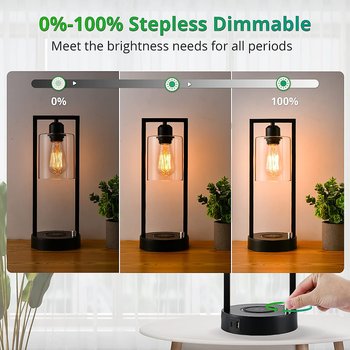 LEDIARY Set of 2 Wireless Charging Table Lamps with AC Outlet and 2 USB Ports, Fully Stepless Dimmable Bedside Lamps, Industrial Nightstand Lamp with Glass Shade for Bedroom, 2200K Bulbs Included