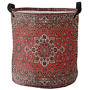 Abstract Red Laundry Basket,Collapsible Bag with Easy Carry Handles,Large Waterproof Foldable Freestanding Hamper,Folding Bin Clothes Storage Round Vintage Distressed Traditional Oriental Boho Tribal