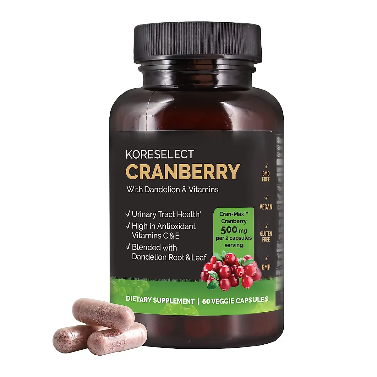 KORESELECT Cranberry 17,000mg with Dandelion & Vitamins, UTI Relief, Antioxidant Supplement, Immune Support, Bladder Health for Women & Men 60 Vegan Capsules
