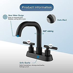 Cinwiny Matte Black 4 inch centerset Bathroom Sink Faucet Two Handle Vanity Lavatory Faucet Swivel Spout 360 Degree Deck Mounted Mixer Tap Water Supply Hoses
