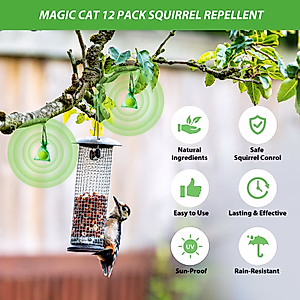 MAGIC CAT Squirrel Repellent Outdoor, 12 Pack Natural Peppermint Oil Squirrel Deterrent for Indoor Attic Pet Family Safe, Rodent Repellent to Keep Squirrel Chipmunk Away from Bird Feeder Garden Yard