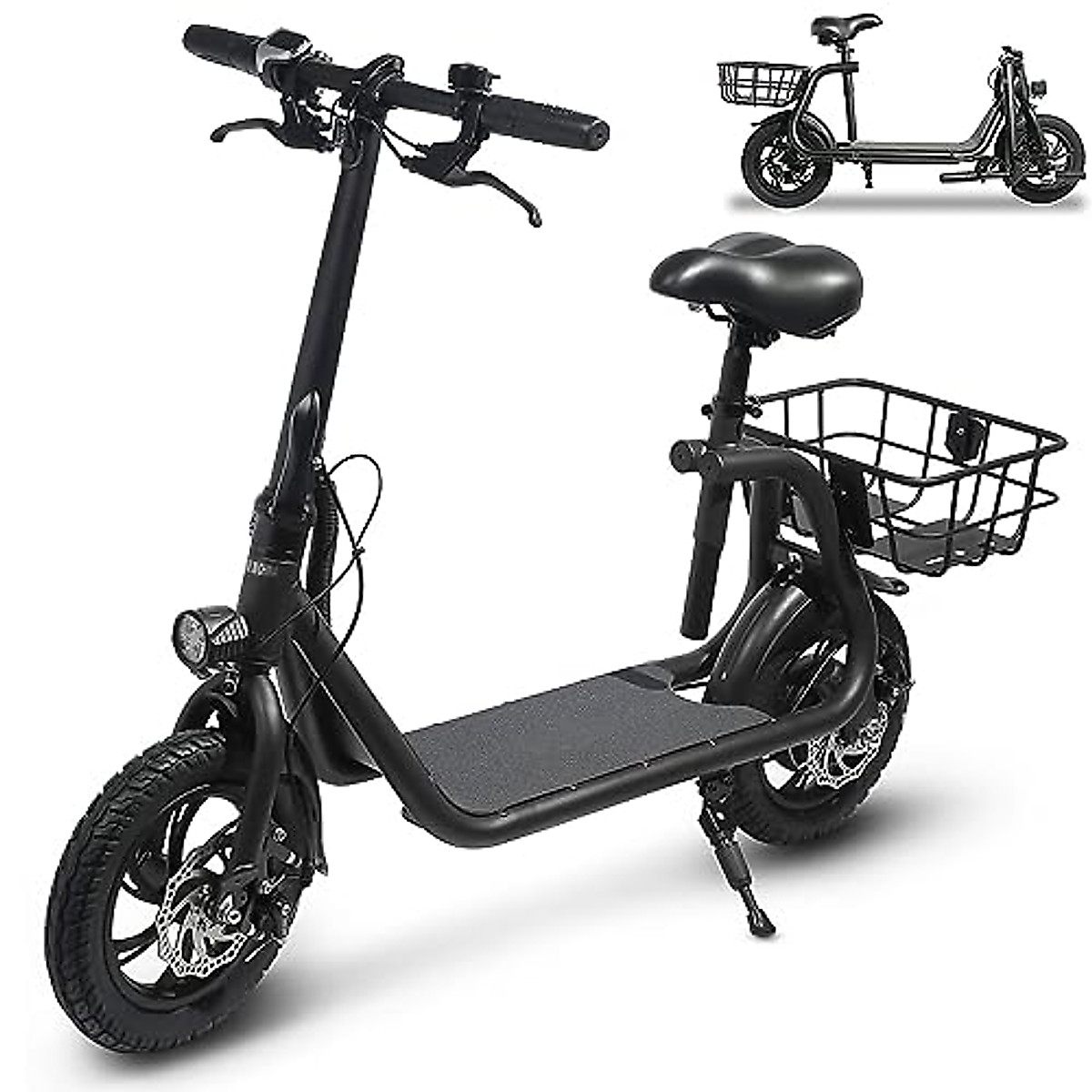 Electric Scooter for Adults, 20 Miles Range 15.5MPH Foldable Commuter E-Scooter with Seat, 450W Powerful Motor 36V 8Ah Battery 12" Air Tire Sport Scooters with Basket (Black)