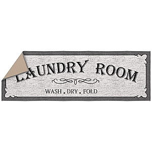 Ottomanson Laundry Collection Non-Slip Rubberback Laundry Text Design 2x5 Laundry Room Runner Rug, 20" x 59", Light Gray