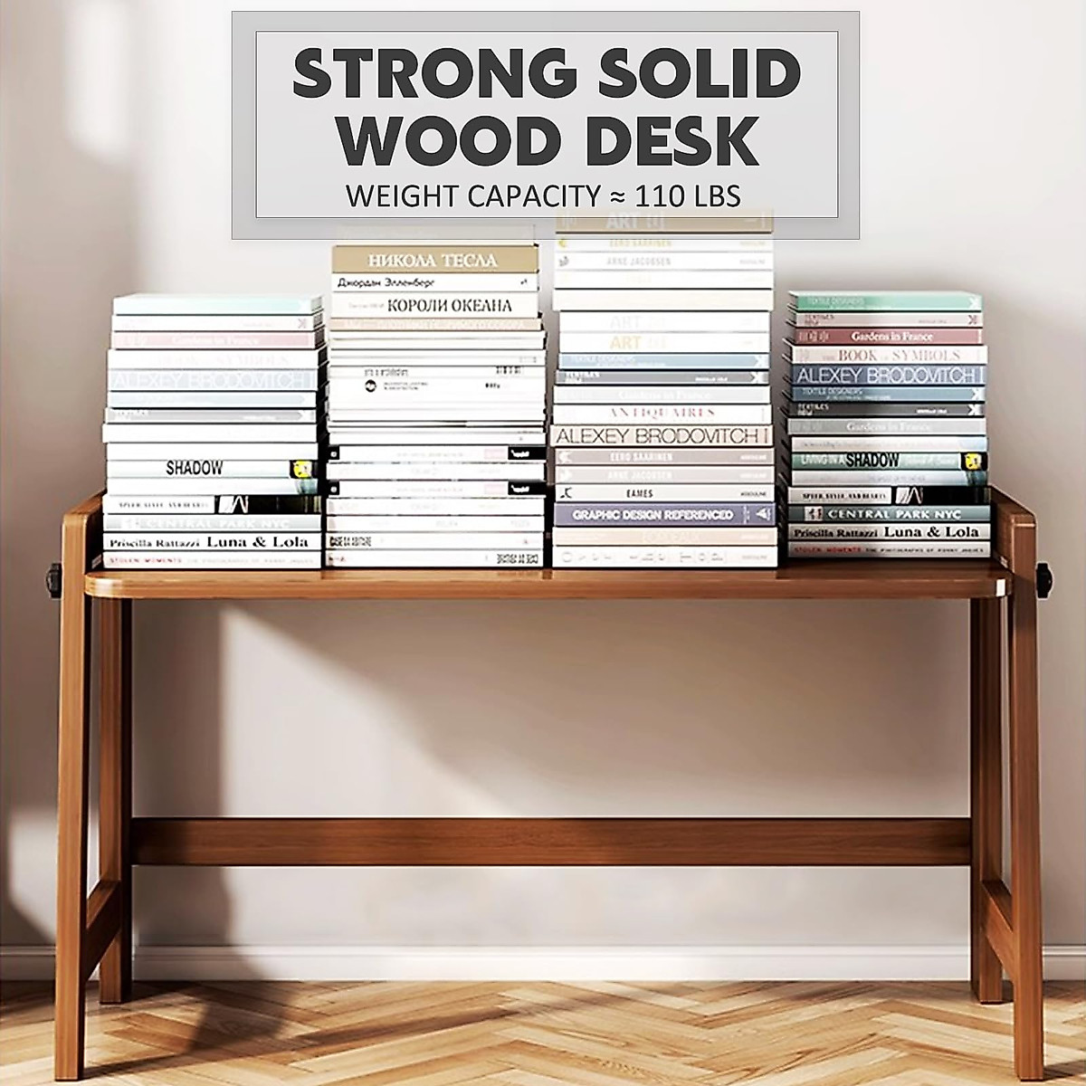 Solid Wood Folding Desk Mid Century Modern Desk, 47'' Foldable Writing Computer Desk for Home Office, Simple Study Makeup Workstation, Wooden Study Office Desk Table for Small Spaces, Walnut Color