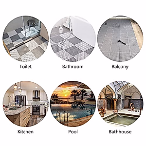 12 Pack 11.8" x 11.8" Interlocking Floor Tiles with Drain Holes Soft PVC Non Slip Shower Floor Mat Rubber Flooring Drainag Mat for Pool, Patio, Balcony, Kennel, Poultry, Dog, Grey&White