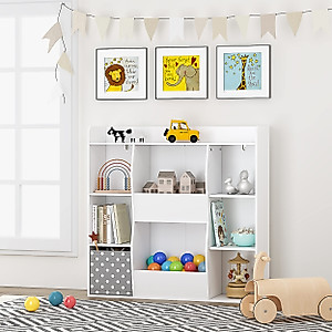 UTEX Kids Toy Storage and Bookshelf, Multifunctional Bookcase with 8 Cubbies and Bins, Open Kids Bookshelf Organizer Display Stand, Large Toy Storage Cabinet for Kids Room, Classroom, Nursery, White