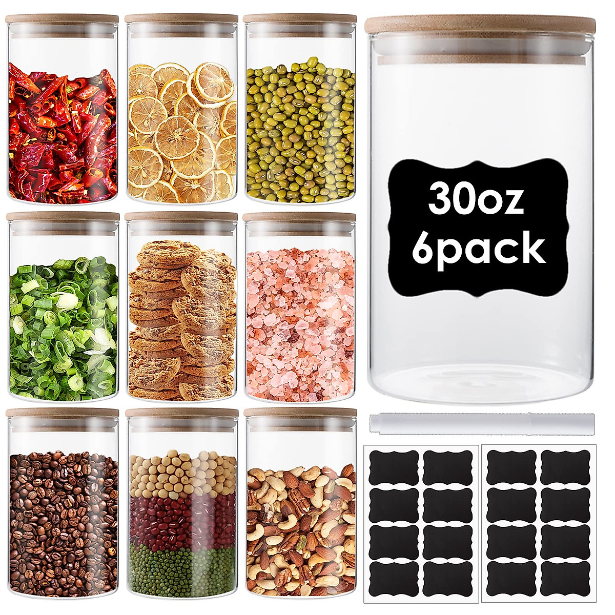 Claplante 6 Pack Glass Food Storage Containers Jars with Airtight Bamboo Lid, 30oz Pantry Organization Jar for Spice, Tea, Flour & Sugar Container, Canister Set for Kitchen Counter, Glass Terrarium