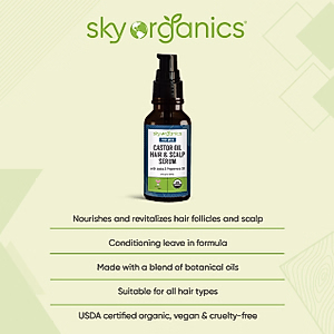 Sky Organics Men's Organic Castor Oil Hair & Scalp Serum for Hair, USDA Certified Organic to Moisturize, Support & Condition, 4 fl. Oz