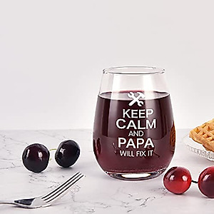 Funny Dad Wine Glass - Keep Calm And Papa Will Fix It Stemless Wine Glass 15Oz, Unique Father’s Day Gift for Dad Papa Father New Dad Husband from Daughter, Son, Wife, Dad Gift for Birthday, Christmas