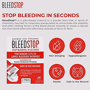 BleedStop™ First Aid Powder for Blood Clotting, Trauma Kit, Blood Thinner Patients, Camping Safety, and Survival Equipment for Moderate to Severe Bleeding Wounds or Nosebleeds - 4 (20g) Pouches
